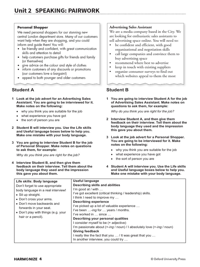 Pairwork Skills Pr. Perf Worksheets | PDF
