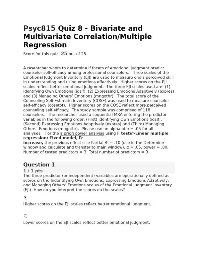 PSYC815 Quiz 8 Bivariate and Multivariate Correlation Multiple ...
