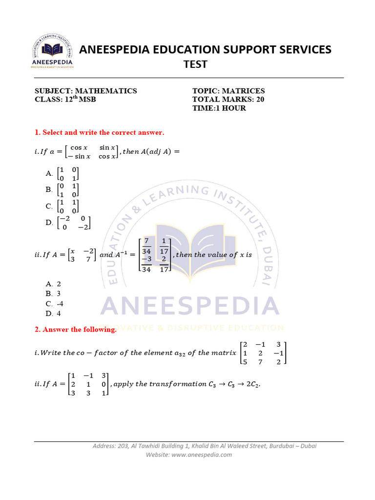 12 MSB Maths Test - Matrices | PDF