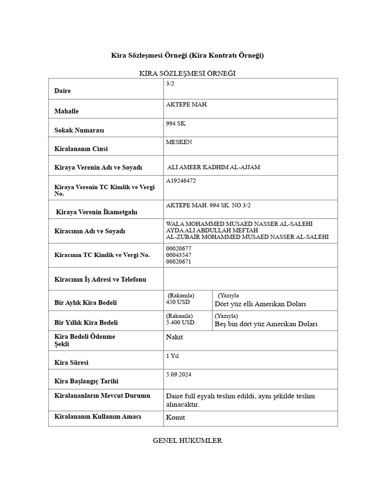 Kira Sözleşmesi Örneği Kira Kontrati Örneği Word Hali | PDF
