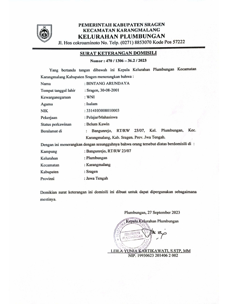 Surat Domisili Kelurahan Bintang | PDF