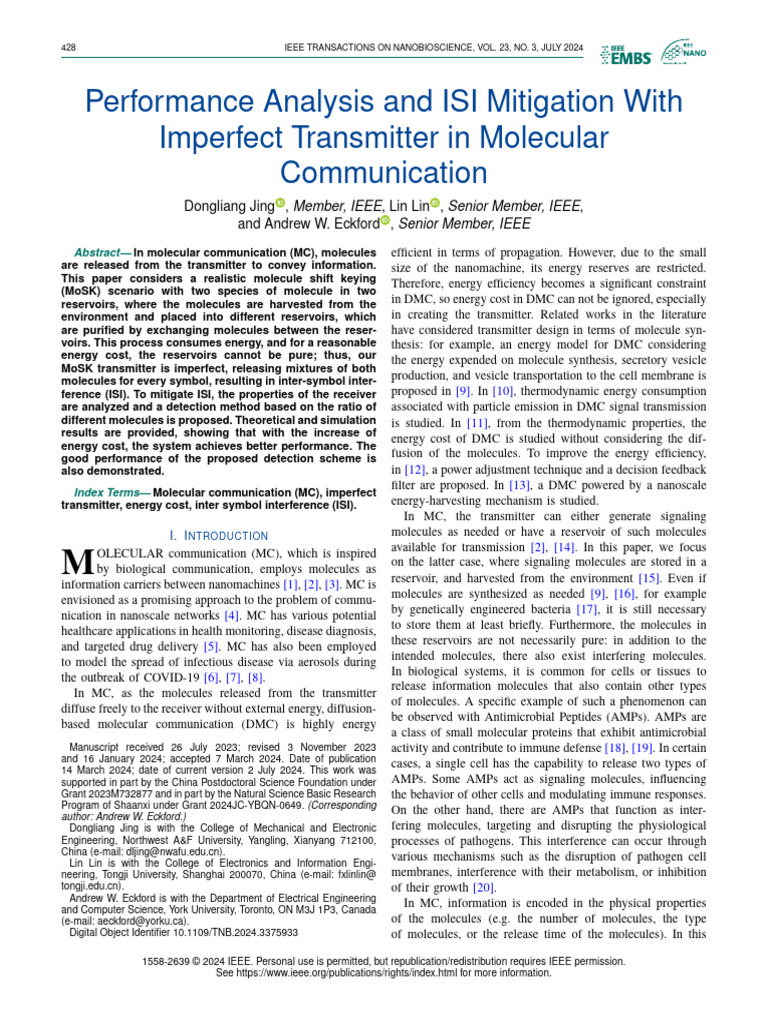 Performance Analysis and ISI Mitigation With Imperfect Transmitter in Molecular Communication | PDF