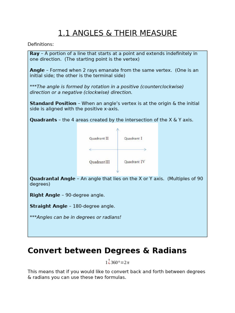 1.1 Angles & Their Measure | PDF | Angle | Trigonometry