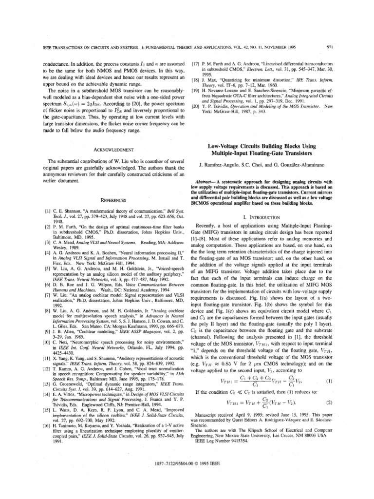 Low Voltage Circuits Building Blocks Using Multiple Input Floating Gate