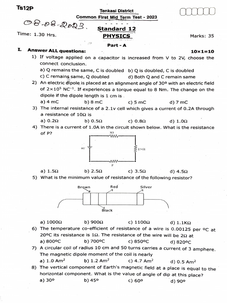 12th Physics EM 1st Mid Term Exam 2023 Original Question Paper Thenkasi District English Medium ...