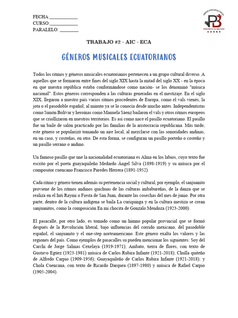 ECA - 10mo - GENEROS MUSICALES ECUATORIANOS 2 | PDF