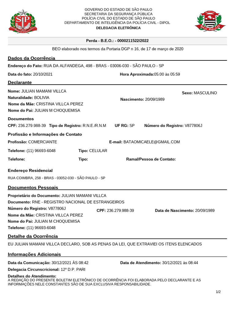 Boletim de Ocorrencia | PDF