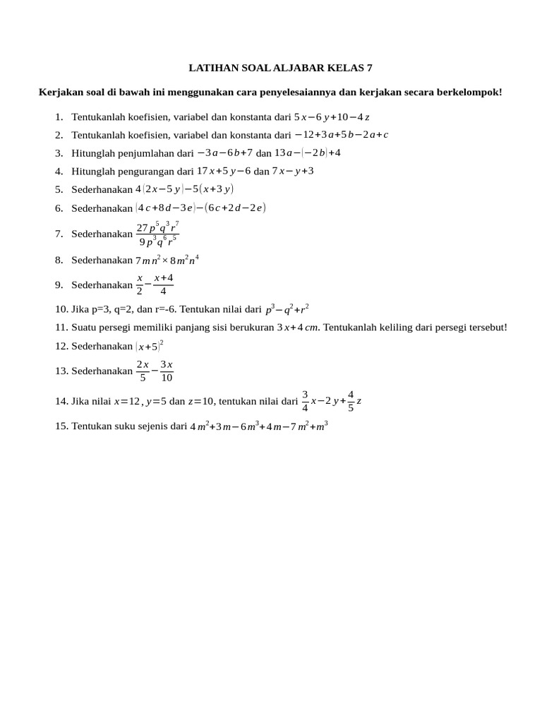 Latihan Soal Aljabar Kelas 7 | PDF
