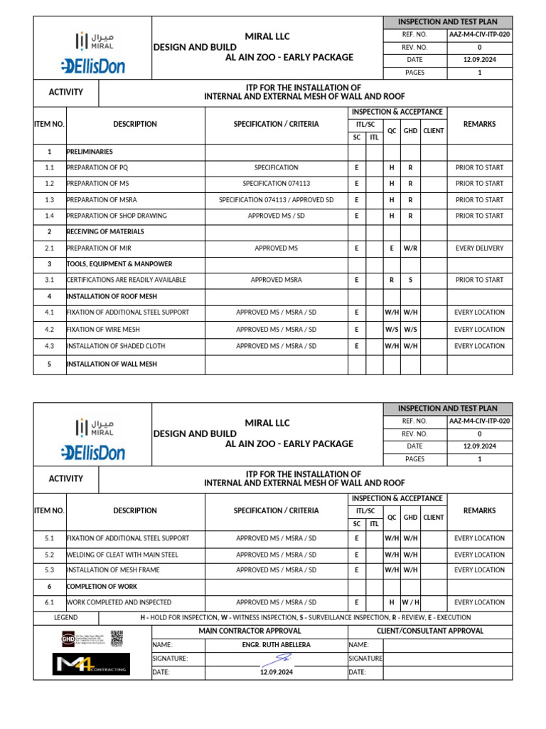 Inspection Test Plan-Installation of Internal and External Mesh For ... Inspection Test Plan-Installation of Internal and External Mesh For ...