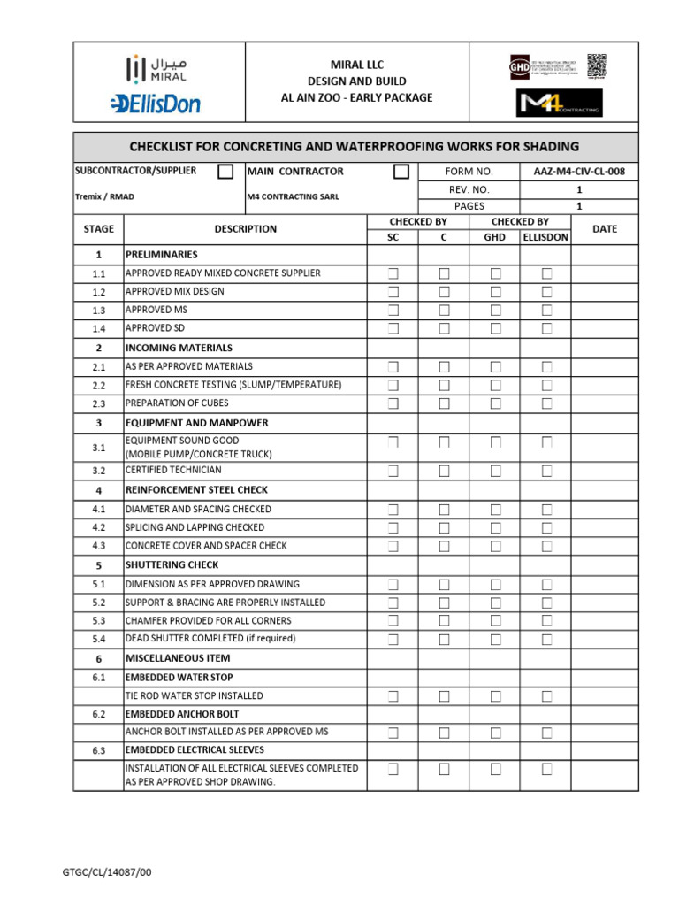 Checklist For Concreting and Waterproofing Works For Shading | PDF