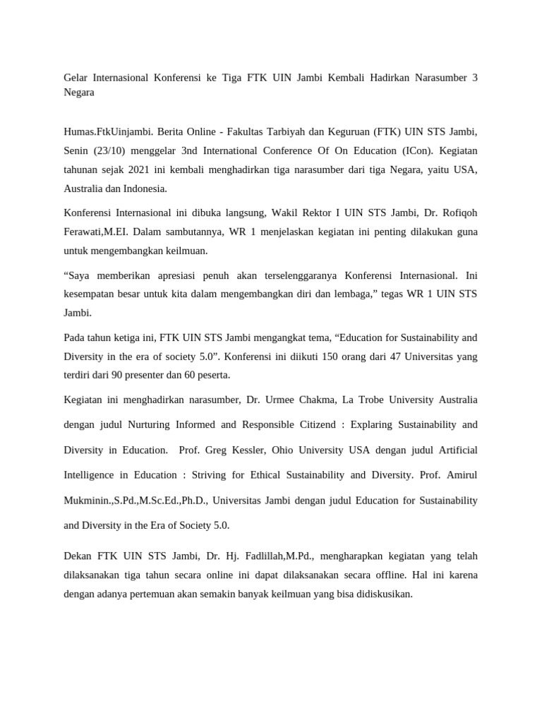 Gelar Internasional Konferensi Ke Tiga FTK UIN Jambi Kembali Hadirkan Narasumber 3 Negara | PDF