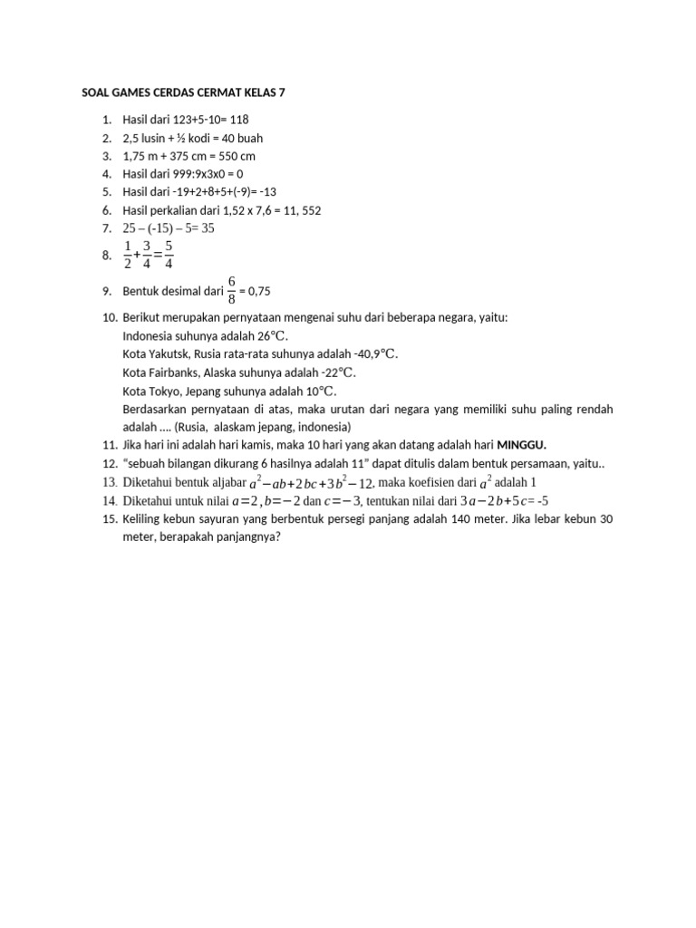 Soal Games Cerdas Cermat Kelas 7 | PDF