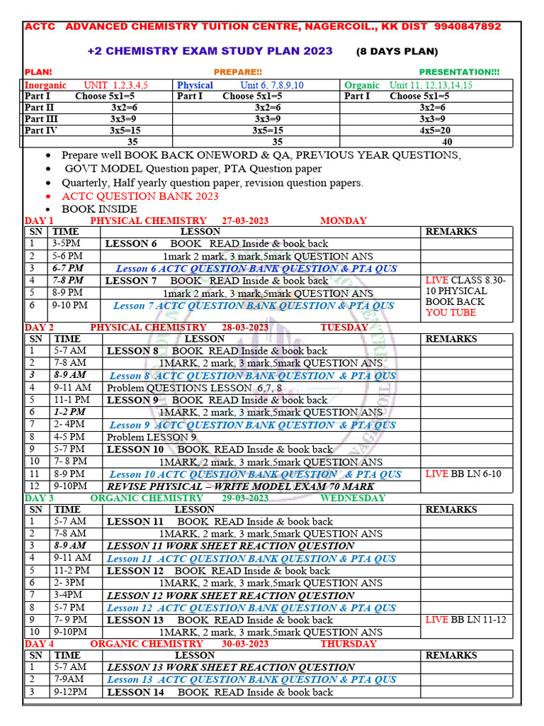 12th Chemistry EM Study Plan To Public Exam 2024 English Medium PDF ...