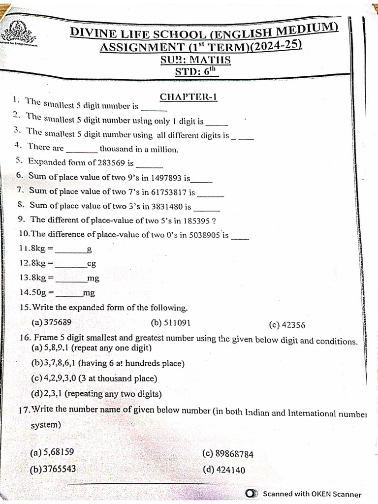 6th Maths Assignment | PDF