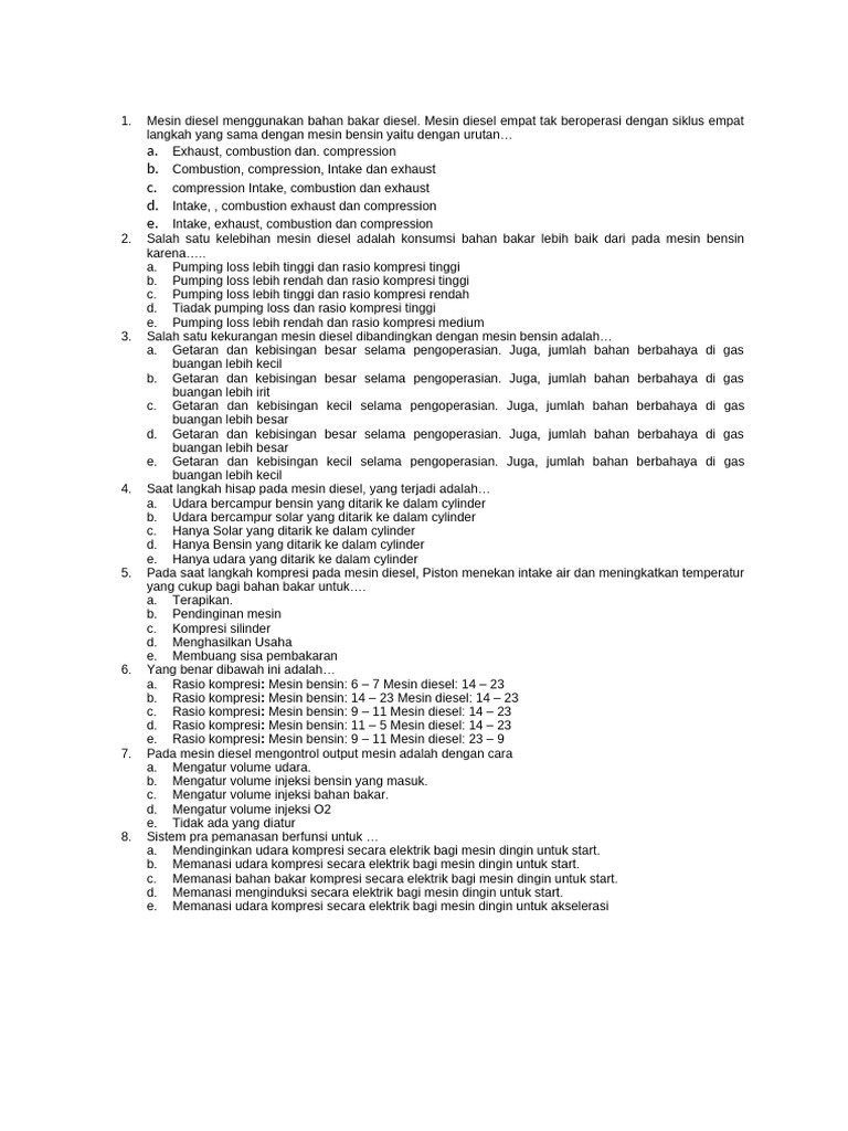 Soal Dasar Diesel Engine | PDF | Diesel Engine | Rotating Machines