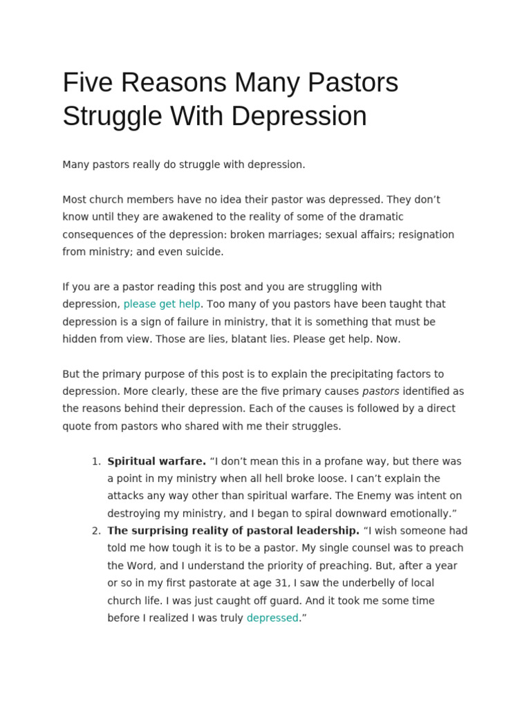 Five Reasons Many Pastors Struggle With Depression | PDF