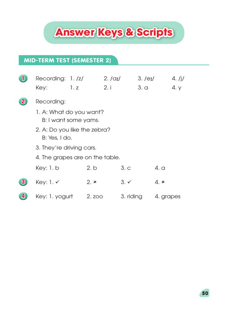 Answer Keys - Scripts - Mid-Term Test (Semester 2) | PDF