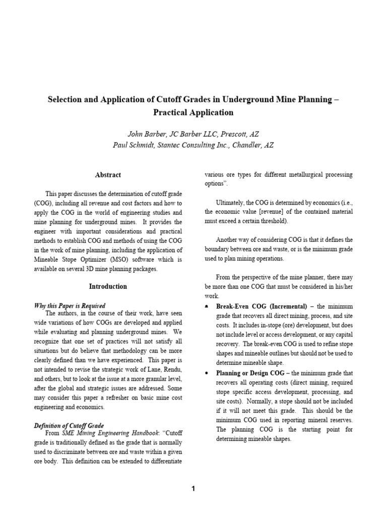 Selection and Application of Cutoff Grades in Underground Mine Planning | PDF