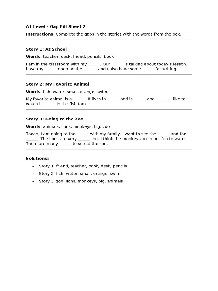 A1 Level - Gap Fill Sheet 2 | PDF