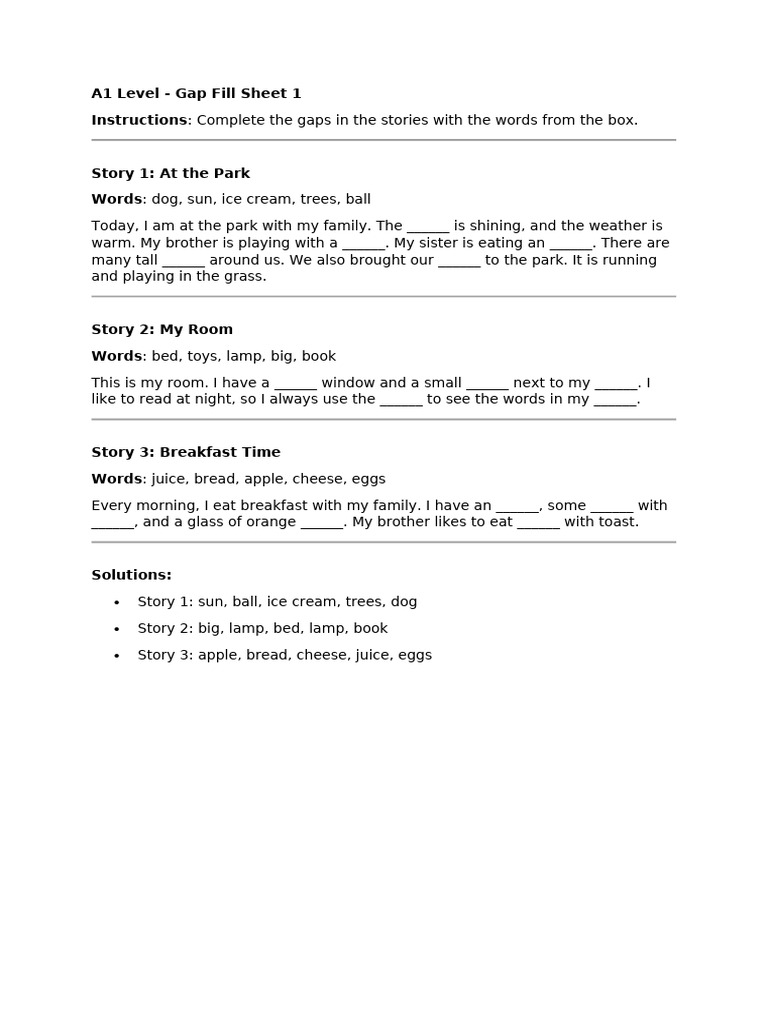 A1 Level - Gap Fill Sheet 1 | PDF