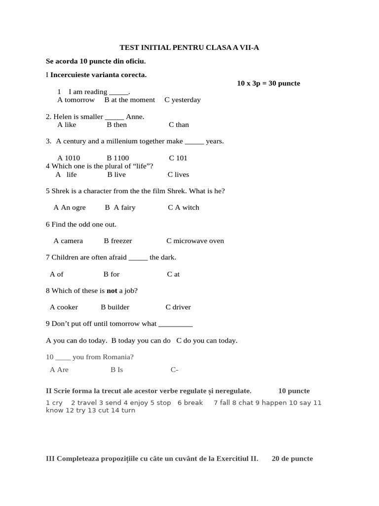 Test Initial Pentru Clasa A Vii-A | PDF