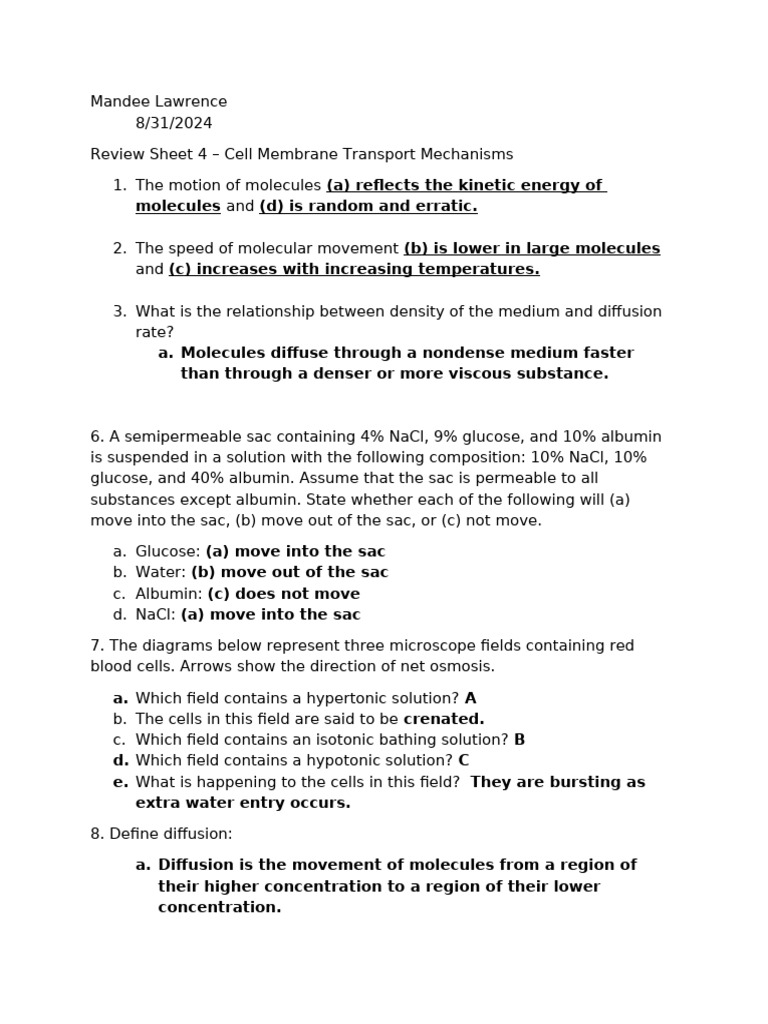 Exercise 4 Review Sheet - Cell Membrane Transport Mechanisms | PDF