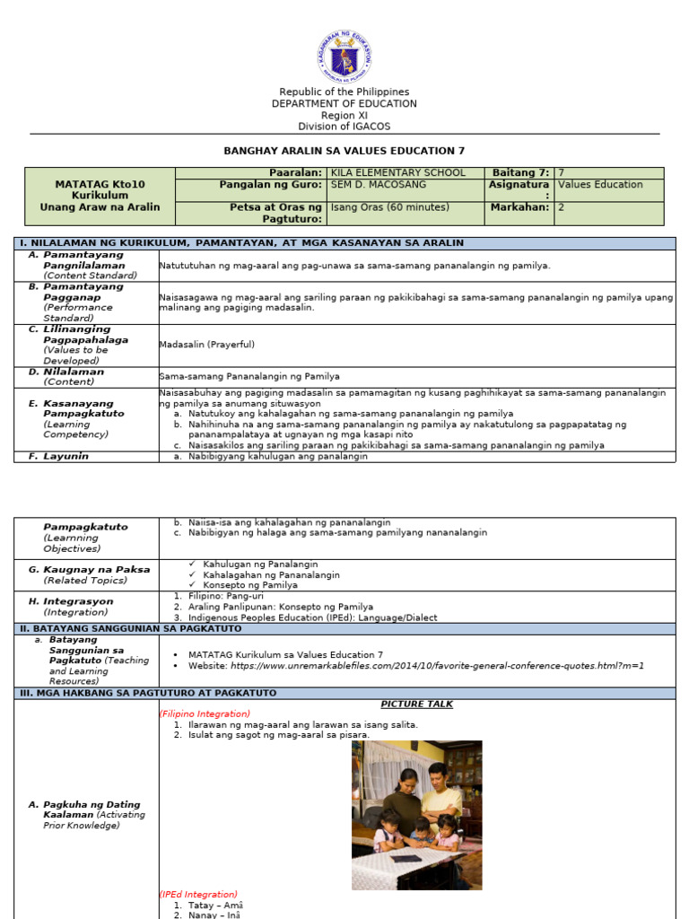 Final BANGHAY ARALIN SA VALUES EDUCATION 7 | PDF