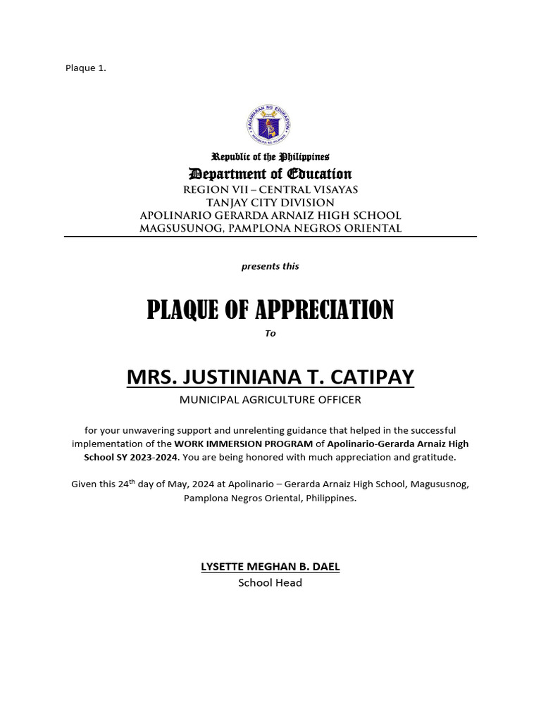 Plaque of Appreciation - Corrected 1 | PDF
