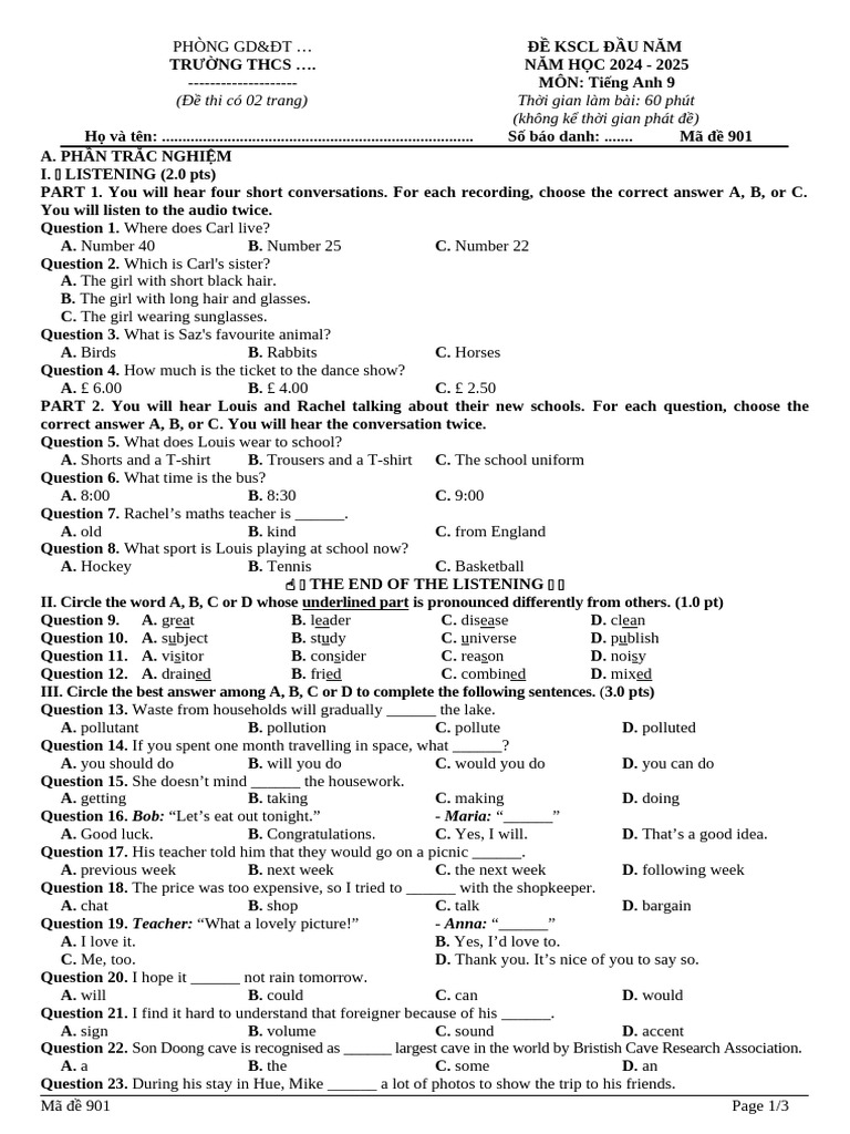 ĐỀ KSCL ĐẦU NĂM ANH 901 | PDF