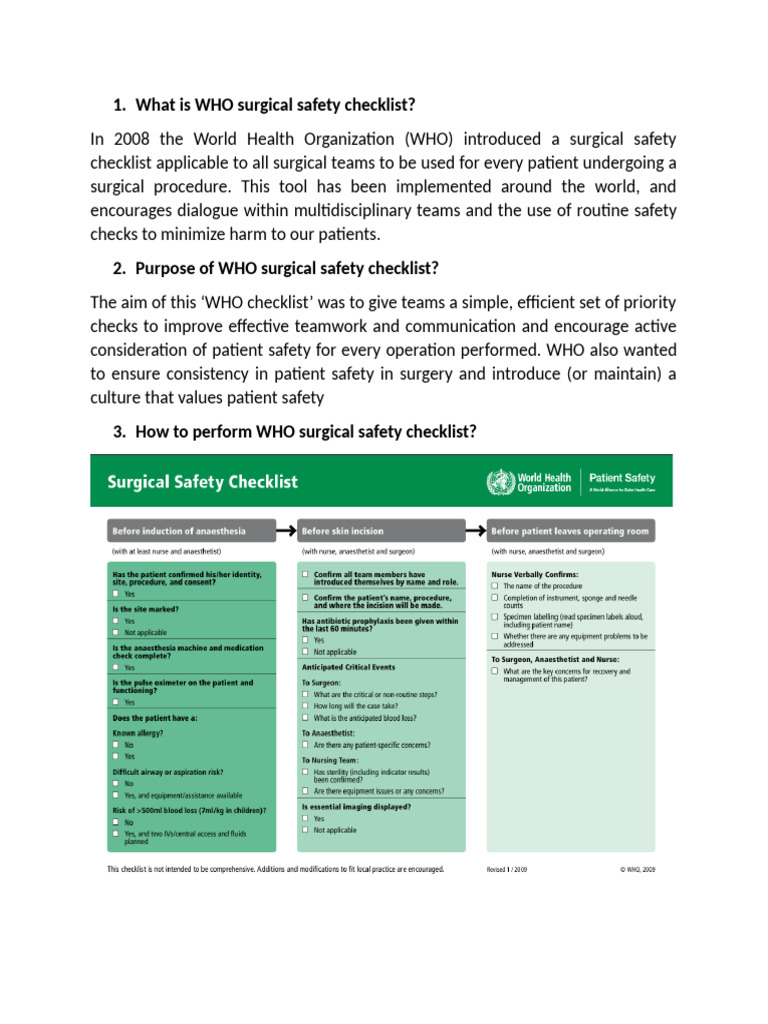 What is WHO surgical safety checklist | PDF