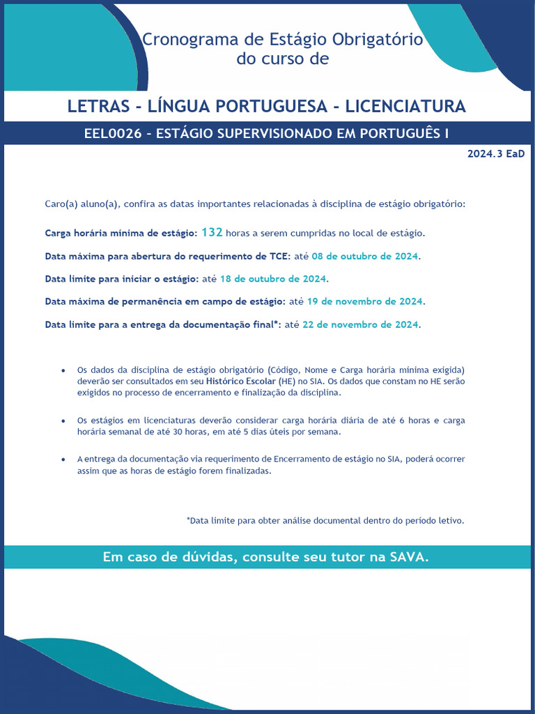 Cronograma de Est Gio em LETRAS - L NGUA PORTUGUESA - LICENCIATURA EEL0026 | PDF