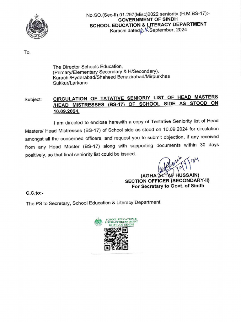 Letter For Circulation of Tentative-Provisional Seniority List of Head ...