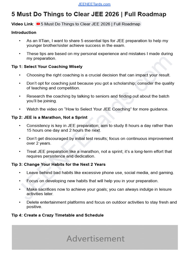 5 Must Do Things To Clear JEE 2026 - Full Roadmap | PDF