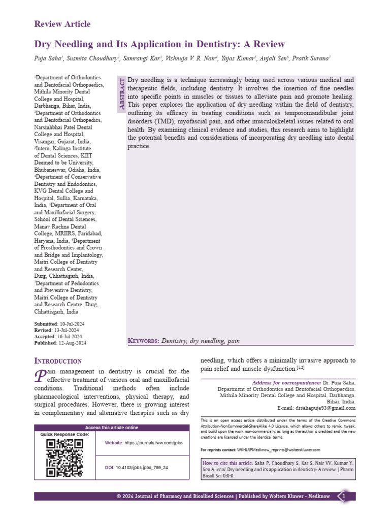 Dry Needling and Its Application in Dentistry A.312 | PDF
