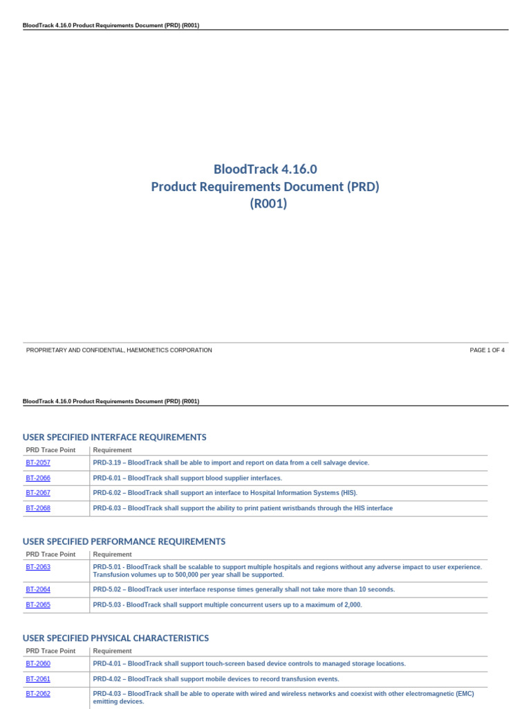 BloodTrack 4.16.0 Product Requirements Document (R001) | PDF