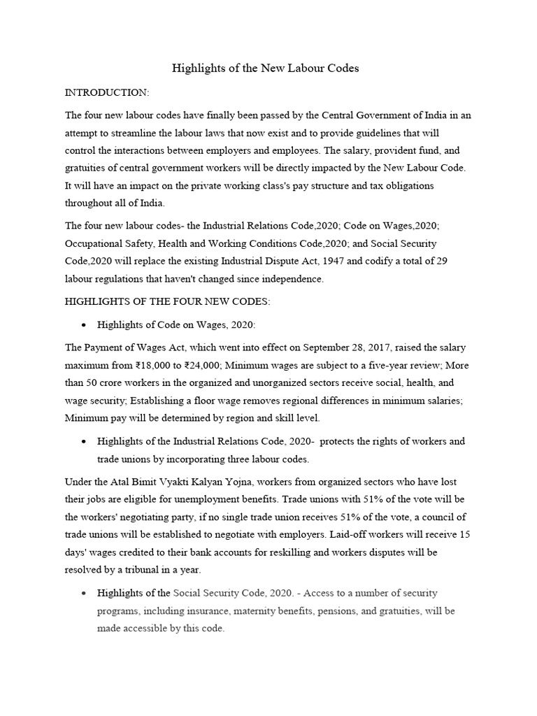 Highlights of The New Labour Codes | PDF | Employment | Finance & Money ...