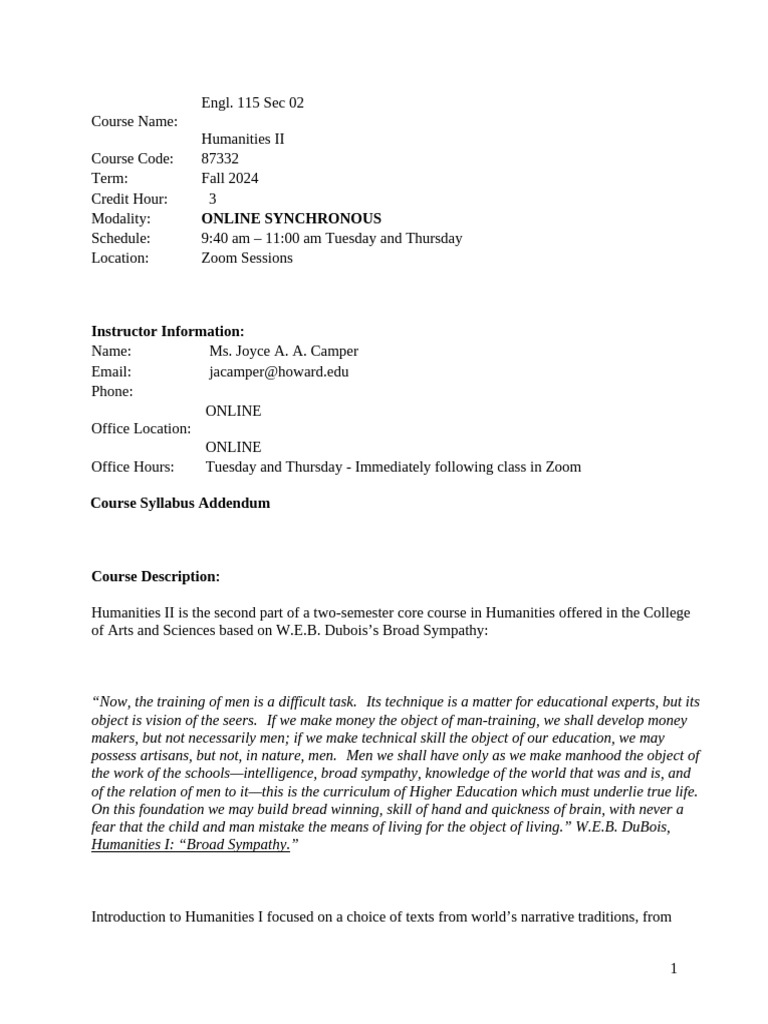 Course Syllabus Addendum - Hum II - EnG 015 02 - FALL 2024 | PDF