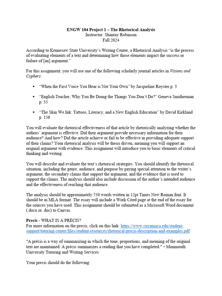 Project 1 - Rhetorical Analysis Assignment Sheet | PDF