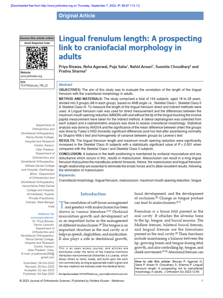 Lingual Frenulum Length A Prospecting Link To Craniofacial Morphology ...