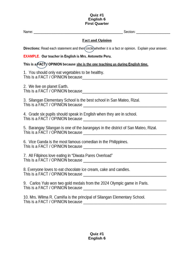 Worksheet On Fact Vs Non Fact | PDF