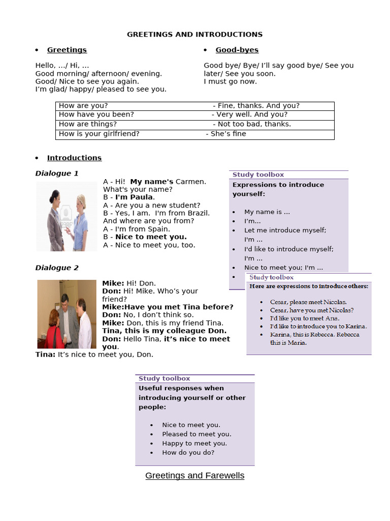 Greetings and Introductions Greetings Good-Byes: Dialogue 1 | PDF