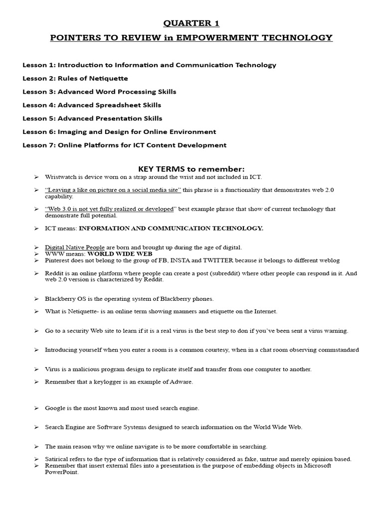 Q1 - POINTERS TO REVIEW in EMPOWERMENT TECHNOLOGY | PDF | Computers