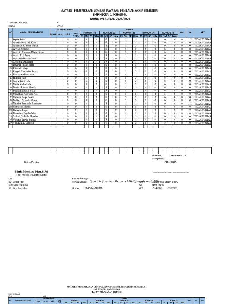 MATRIKS PEMERIKSAANAS Des 2023 - NON EKSATA | PDF