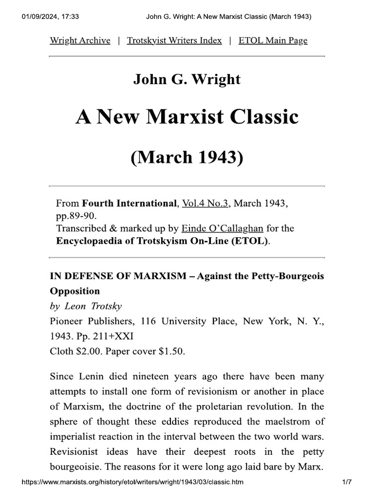 John G. Wright - A New Marxist Classic (March 1943) | PDF