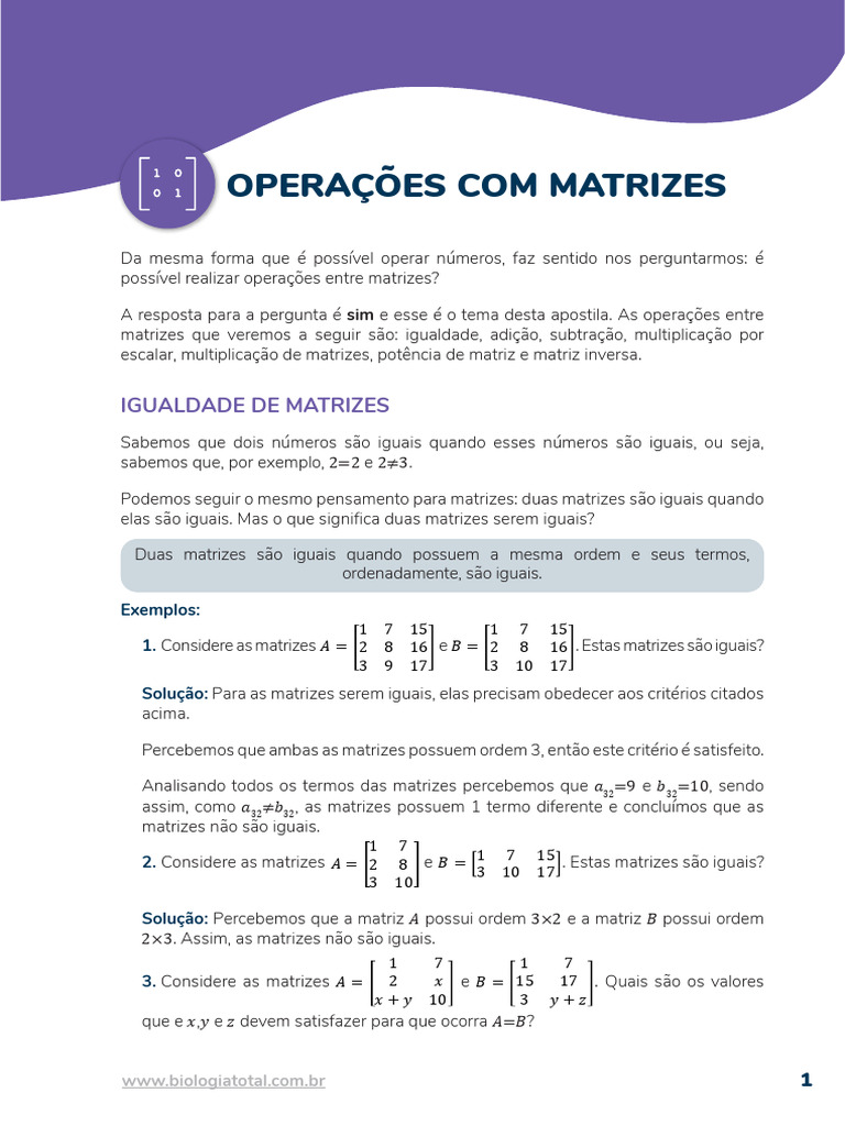 Matrizes - Operações Com Matrizes | PDF