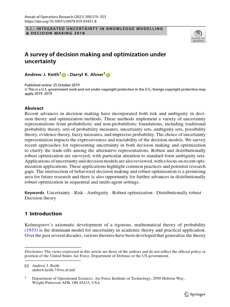 A Survey of Decision Making and Optimization Under Uncertainty | PDF