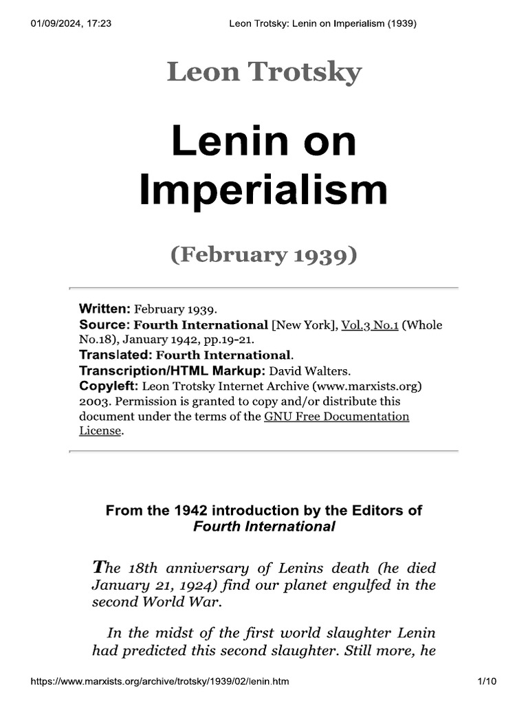 Leon Trotsky - Lenin On Imperialism (1939) | PDF