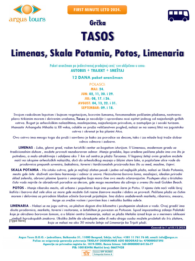 Tasos Bus Leto 2024 Cenovnik BR 1 Od 05 12 23 - (12981) | PDF