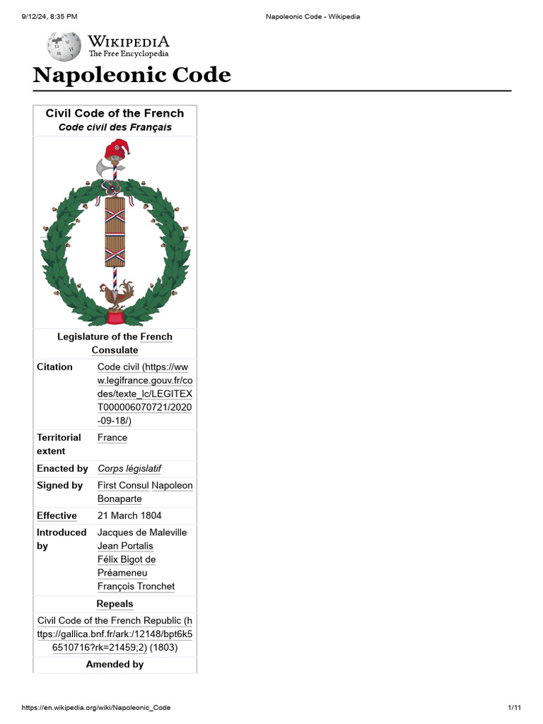 Napoleonic Code - Wikipedia | PDF