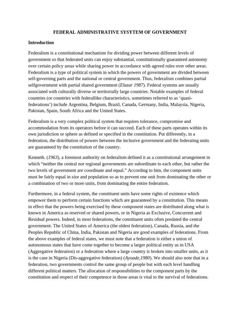Federal Administrative Sysytem of Government | PDF